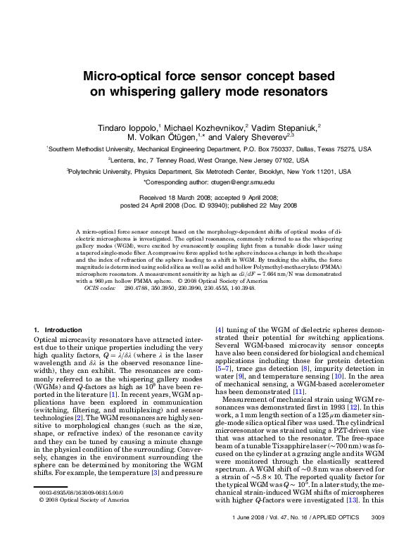 (PDF) Micro-optical force sensor concept based on whispering gallery ...