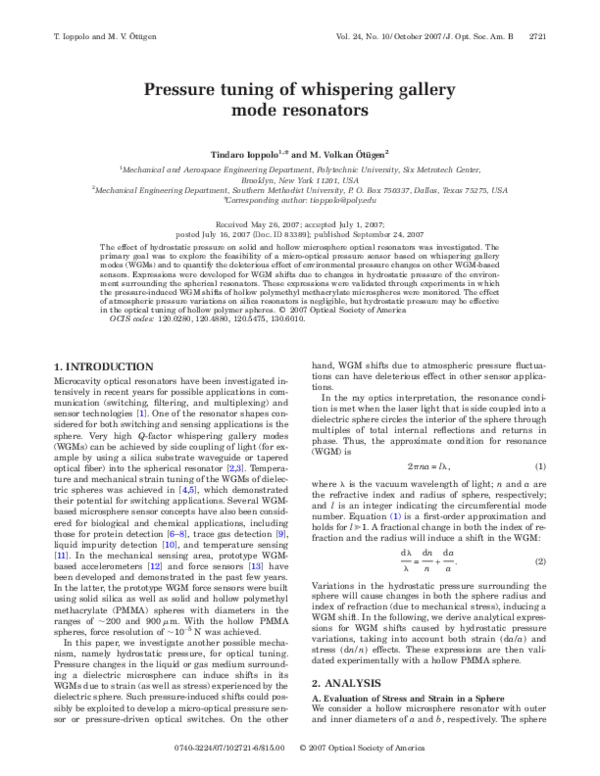 (PDF) Pressure tuning of whispering gallery mode resonators