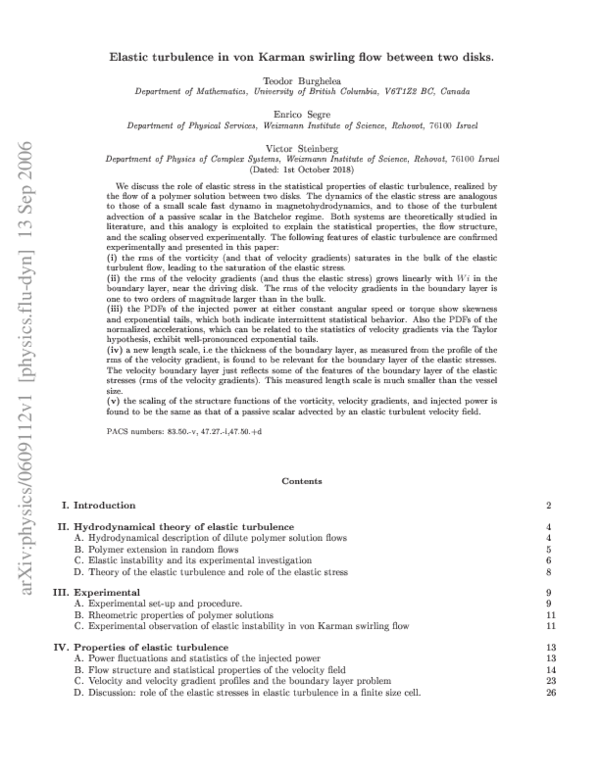 (PDF) Elastic turbulence in von Karman swirling flow between two disks