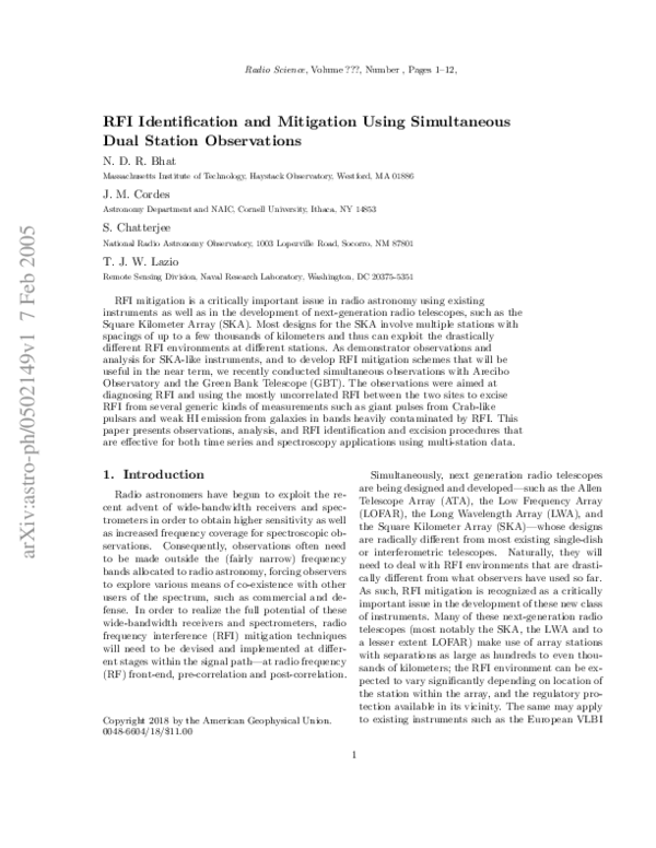 (PDF) RFI Mitigation via Dual Station Observations
