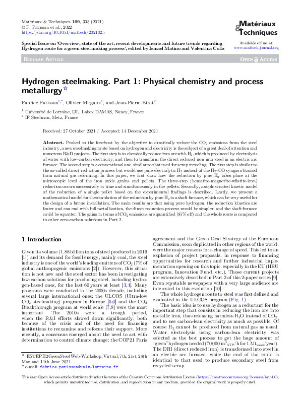 (PDF) Hydrogen steelmaking. Part 1: Physical chemistry and process ...