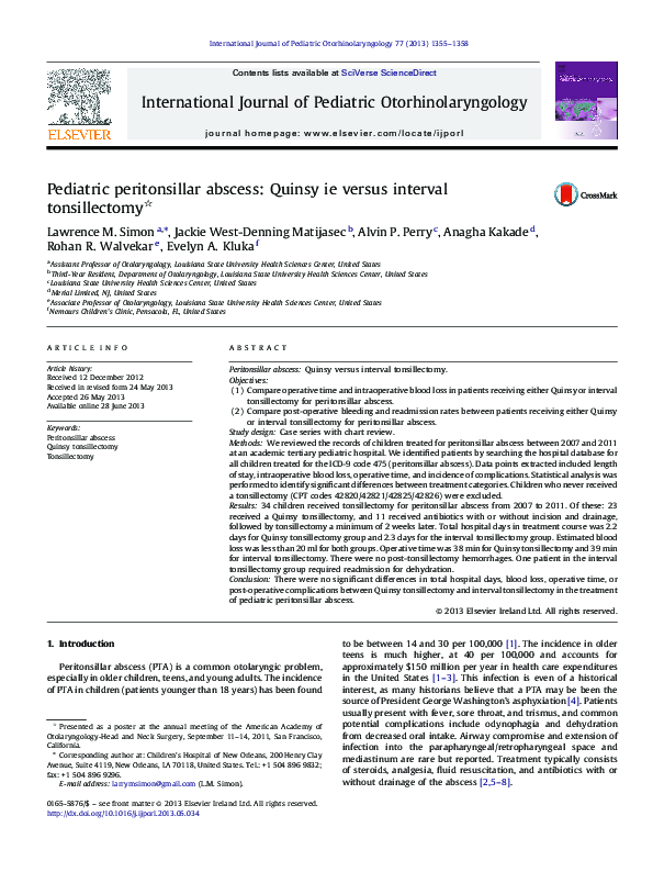 (PDF) Pediatric peritonsillar abscess: Quinsy ie versus interval ...