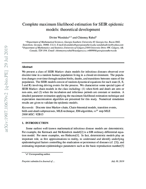(PDF) Complete maximum likelihood estimation for SEIR epidemic models: theoretical development