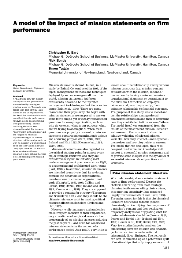 (PDF) A model of the impact of mission statements on firm performance