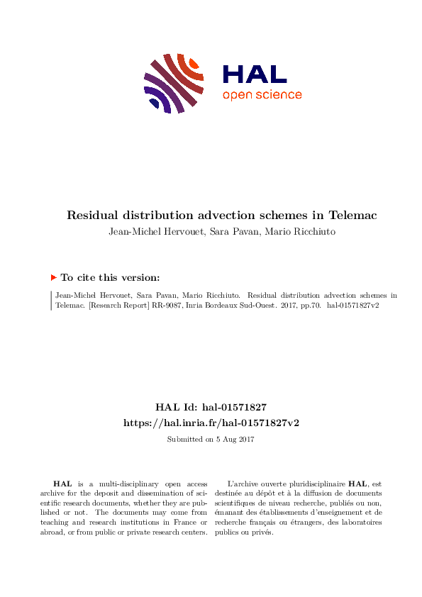 Pdf Residual Distribution Advection Schemes In Telemac Jean Michel Hervouet