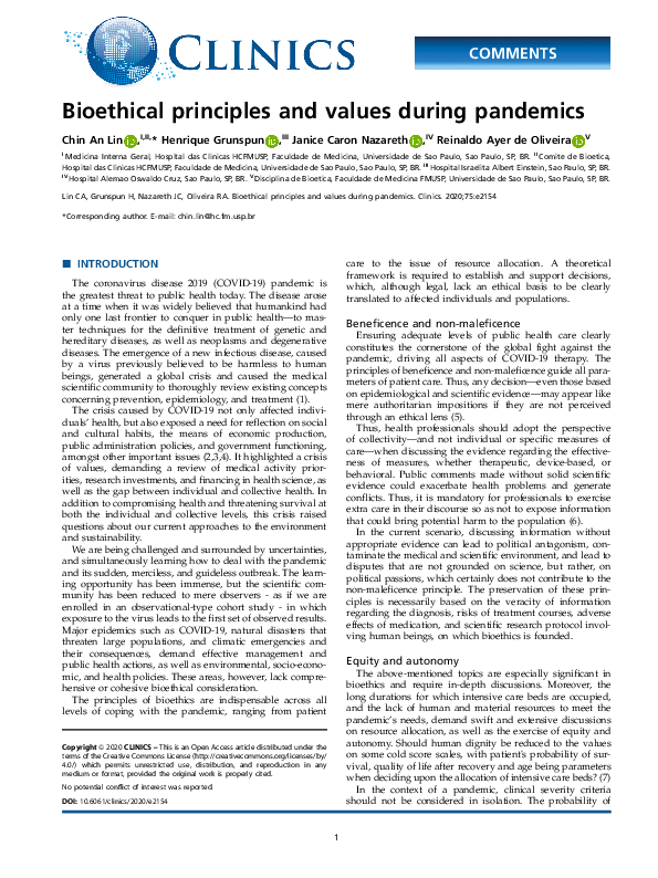 (PDF) Bioethical principles and values during pandemics