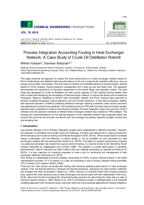 (PDF) Process Integration Accounting Fouling in Heat Exchanger Network ...
