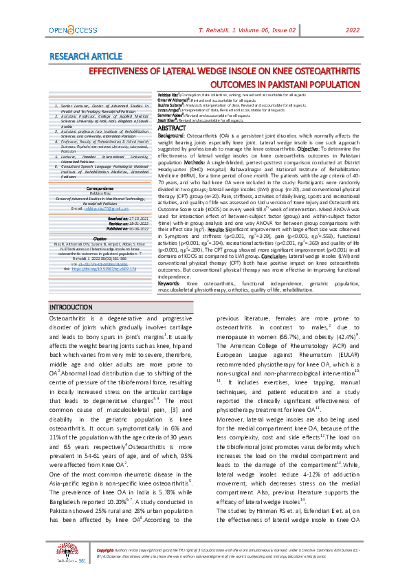 (PDF) Effectiveness of Lateral Wedge Insole on Knee Osteoarthritis Outcomes in Pakistani Population