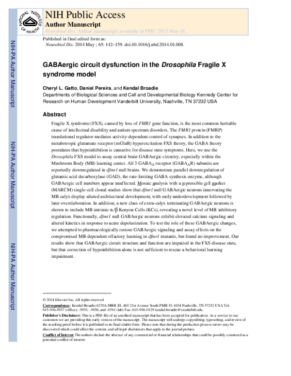 (PDF) GABAergic circuit dysfunction in the Drosophila Fragile X ...