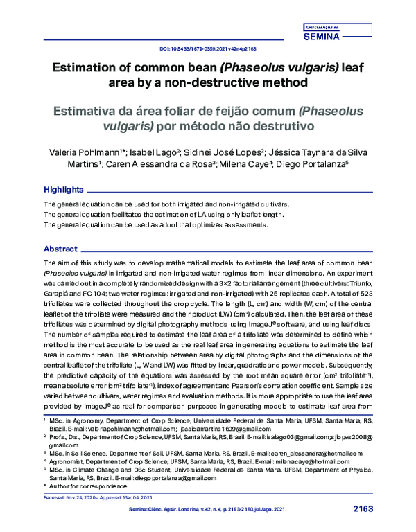 (PDF) Estimation of common bean (Phaseolus vulgaris) leaf area by a non-destructive method