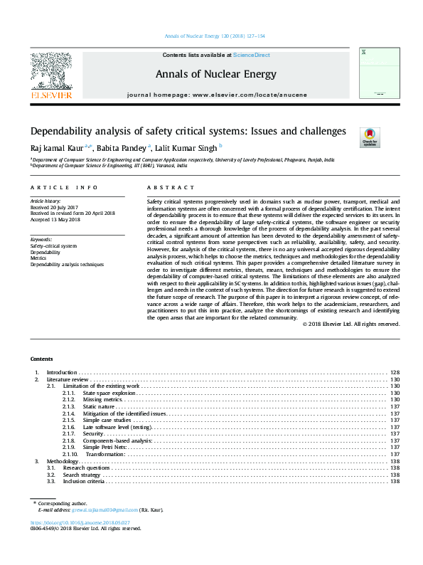 (PDF) Dependability analysis of safety critical systems: Issues and challenges