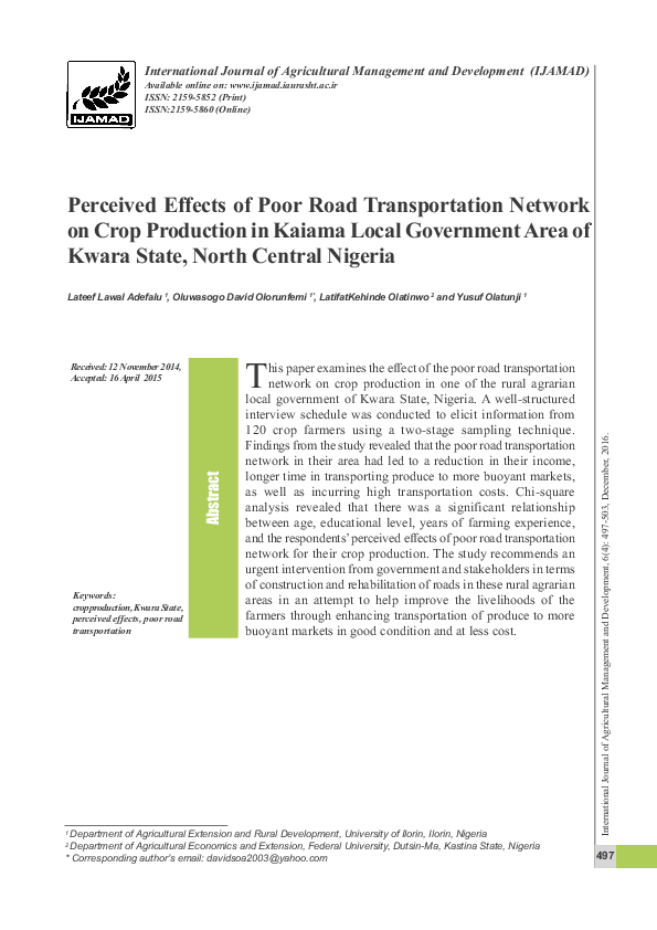 (PDF) Perceived Effects of Poor Road Transportation Network on Crop ...