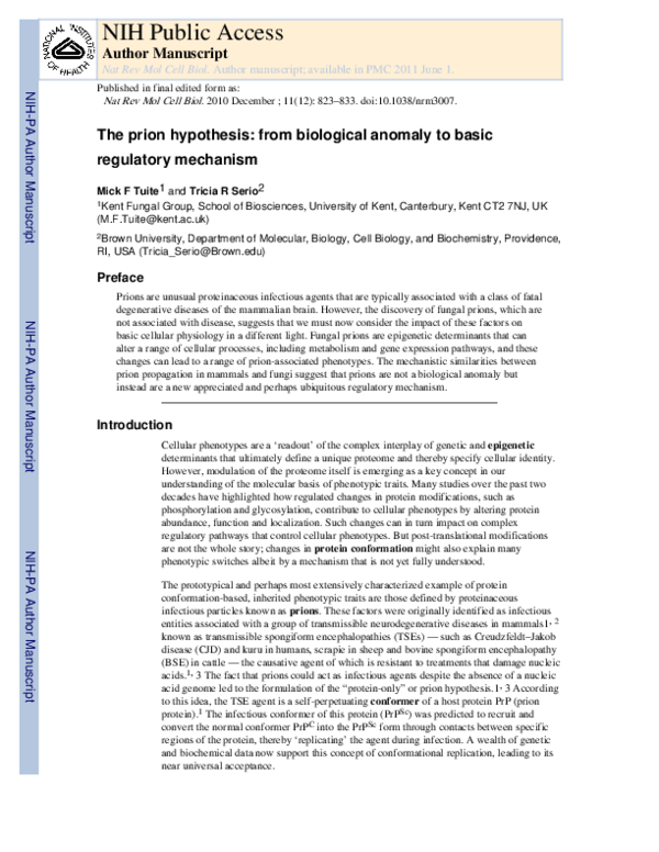 (PDF) The prion hypothesis: from biological anomaly to basic regulatory ...