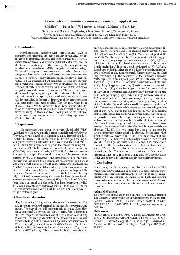 (PDF) Ge nanowires for nanoscale nonvolatile memory applications