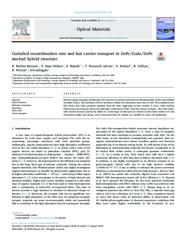 (PDF) Curtailed recombination rate and fast carrier transport in ZnPc ...