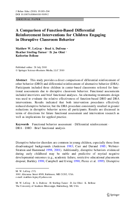 (PDF) A Comparison of Function-Based Differential Reinforcement Interventions for Children ...