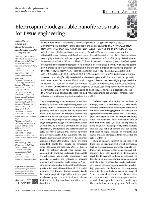 (PDF) Electrospun biodegradable nanofibrous mats for tissue engineering