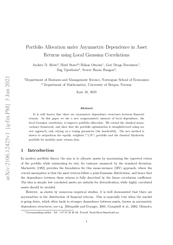 (PDF) Portfolio allocation under asymmetric dependence in asset returns using local Gaussian ...
