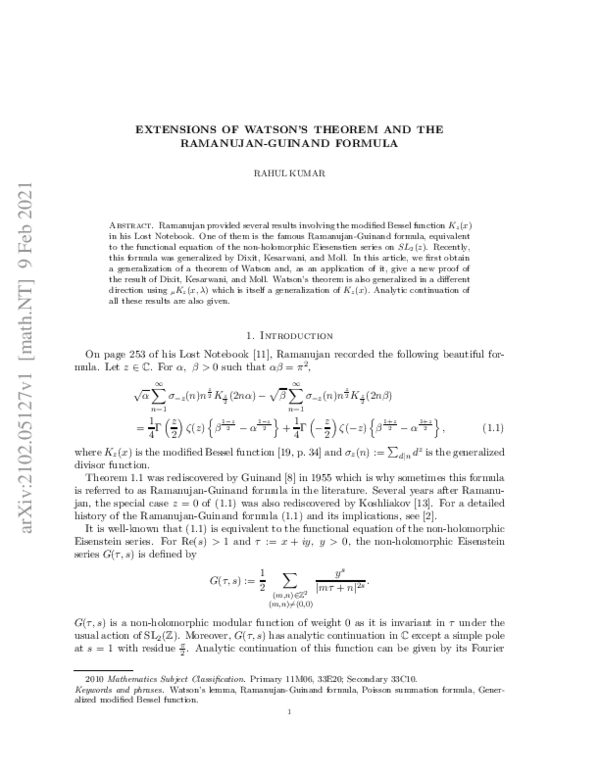 (PDF) Extensions of Watson’s theorem and the Ramanujan–Guinand formula | Rahul Kumar - Academia.edu