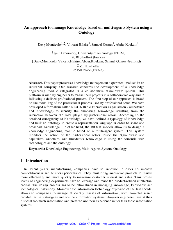 (PDF) An approach to manage Knowledge based on multi-agents System using a Ontology