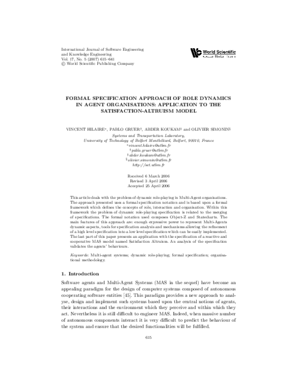(PDF) Formal specification approach of role dynamics in agent organisations: Application to the ...