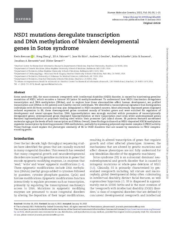 (PDF) NSD1 mutations deregulate transcription and DNA methylation of ...