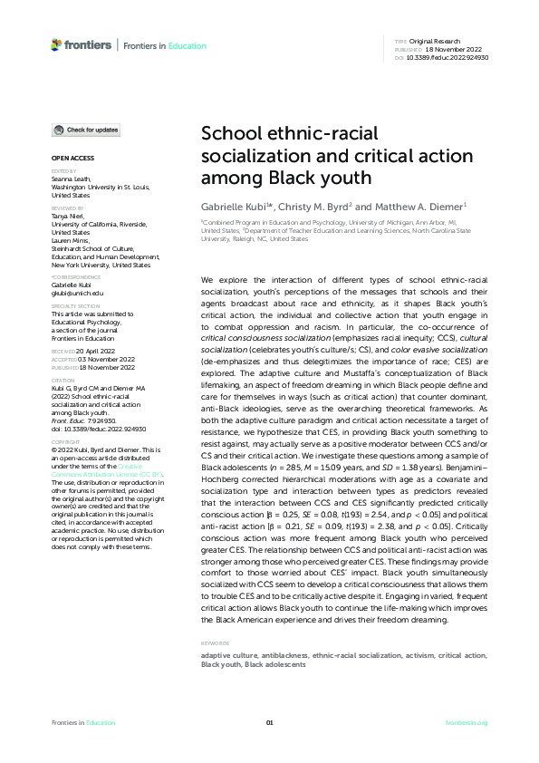 (PDF) School ethnic-racial socialization and critical action among ...
