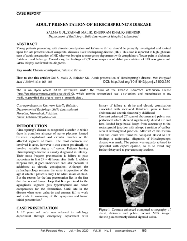 (PDF) Adult Presentation of Hirschsprung’s Disease; a Case Report | Zainab Malik - Academia.edu