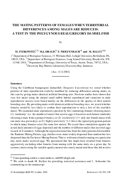 (PDF) The Mating Patterns of Females When Territorial Differences Among Males Are Reduced: A ...