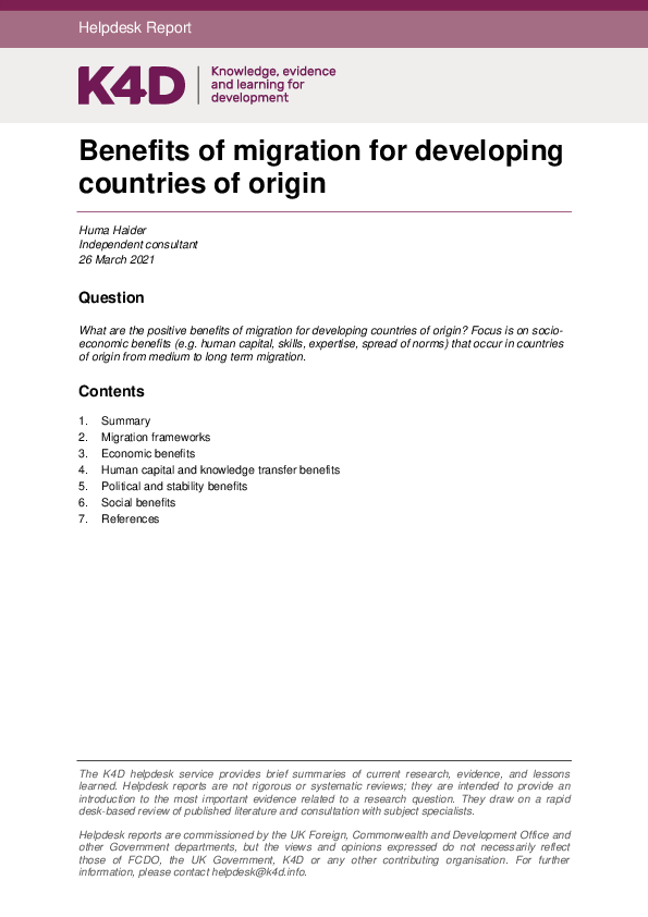 (PDF) Benefits of Migration for Developing Countries of Origin