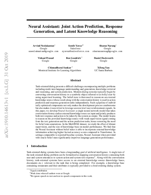 Pdf Neural Assistant Unified Action And Response Generation In Dialog