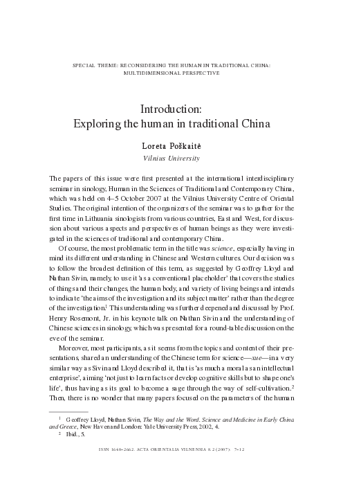 (PDF) Introduction: Exploring the human in traditional China