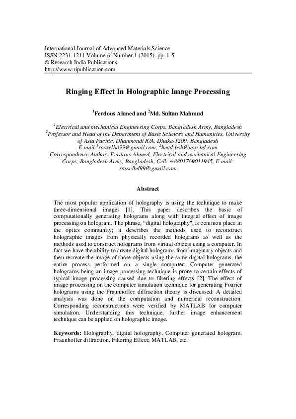 (PDF) Ringing Effect in Holographic Image Processing