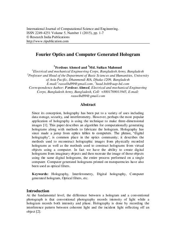 (PDF) Fourier Optics and Computer Generated Hologram