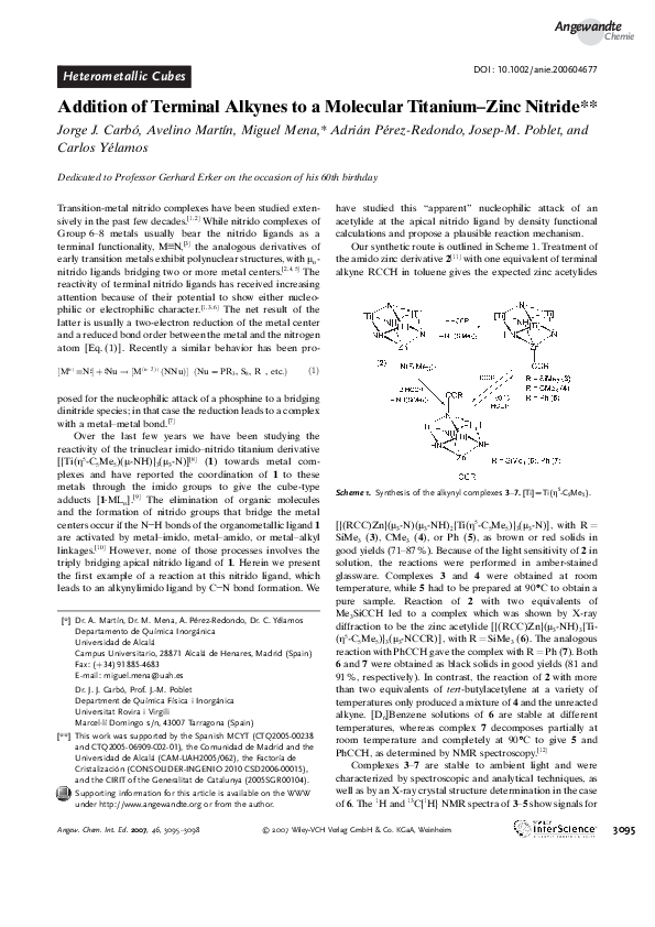 (PDF) Addition of Terminal Alkynes to a Molecular Titanium–Zinc Nitride