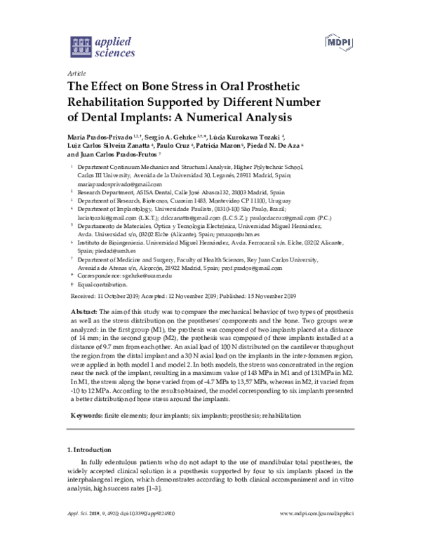 Pdf The Effect On Bone Stress In Oral Prosthetic Rehabilitation Supported By Different Number