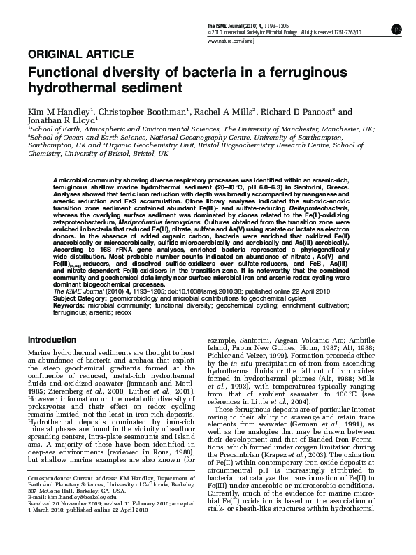 (PDF) Functional diversity of bacteria in a ferruginous hydrothermal sediment