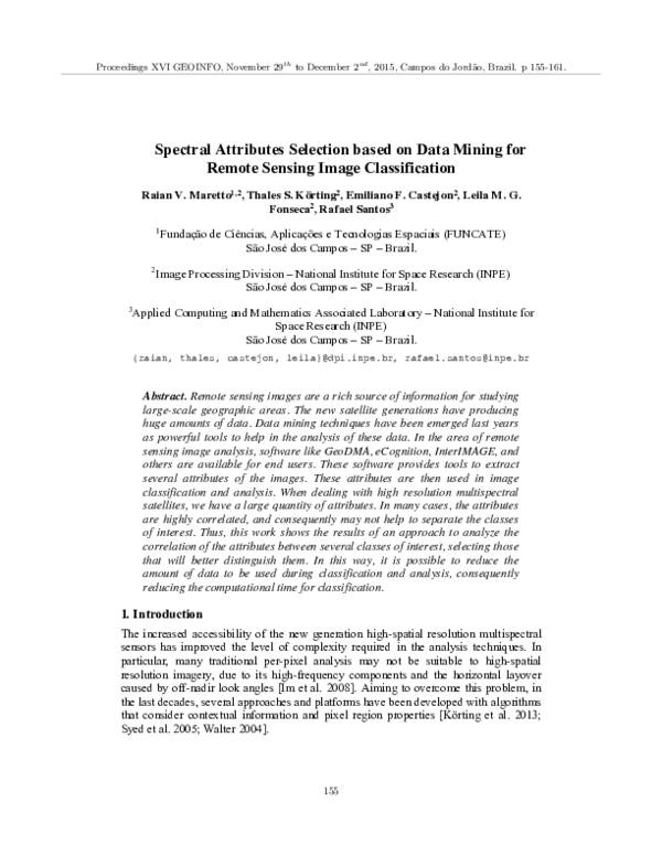 Pdf Spectral Attributes Selection Based On Data Mining For Remote Sensing Image Classification