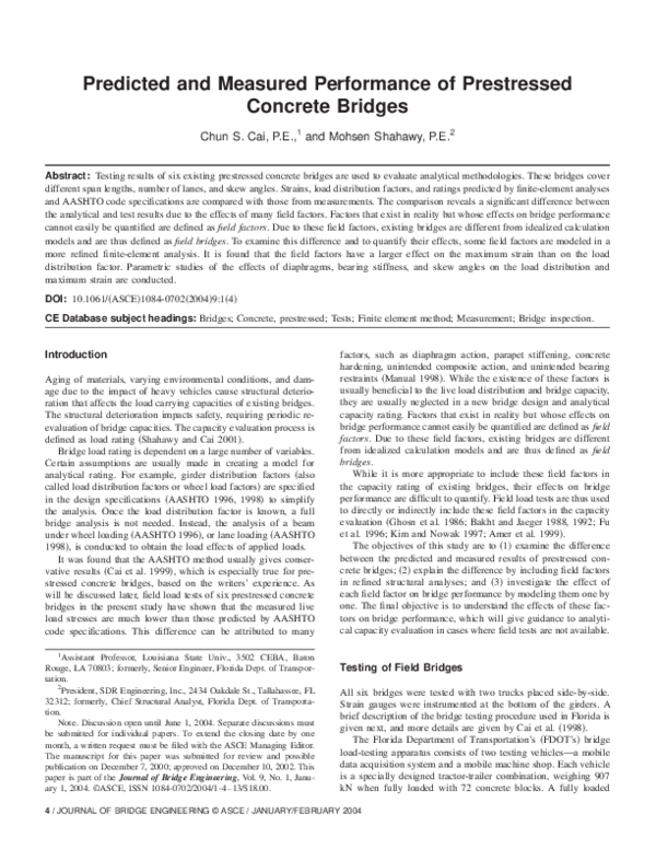 Pdf Predicted And Measured Performance Of Prestressed Concrete Bridges