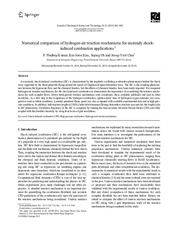 (PDF) Numerical comparison of hydrogen-air reaction mechanisms for unsteady shock-induced ...