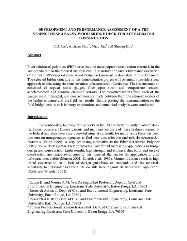 (PDF) Development and Performance Assessment of a FRP Strengthened Balsa-Wood Bridge Deck for ...