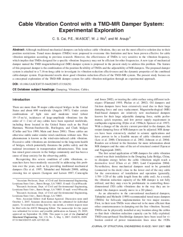 Pdf Cable Vibration Control With A Tmd Mr Damper System Experimental