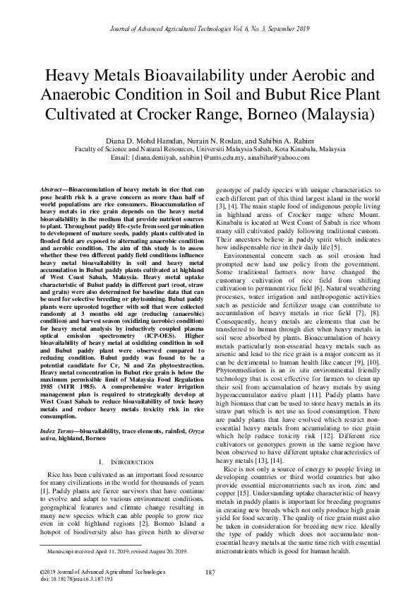 (PDF) Heavy Metals Bioavailability under Aerobic and Anaerobic Condition in Soil and Bubut Rice ...