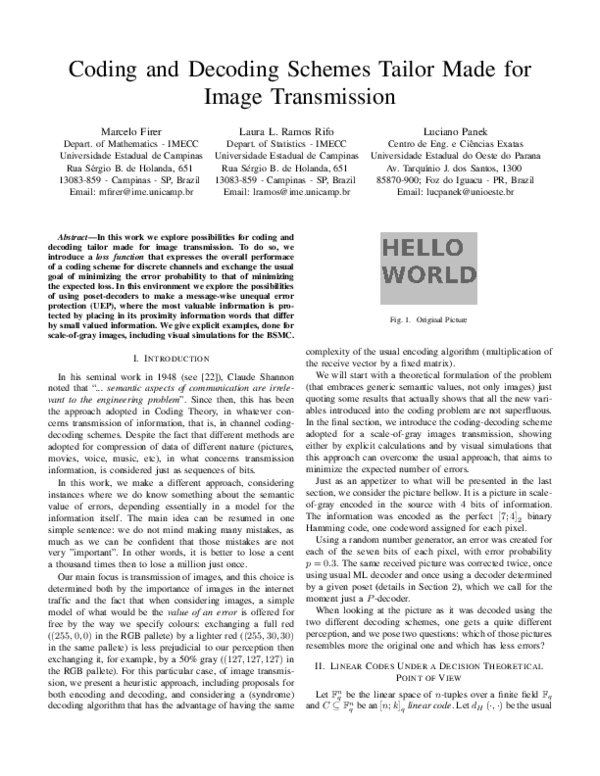 Pdf Coding And Decoding Schemes Tailor Made For Image Transmission Marcelo Firer