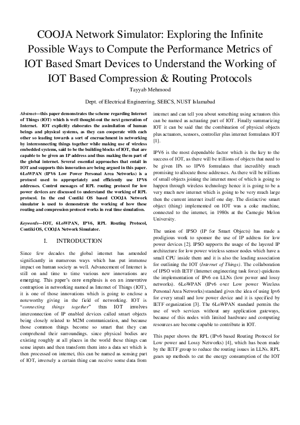 (PDF) COOJA Network Simulator: Exploring the Infinite Possible Ways to Compute the Performance ...