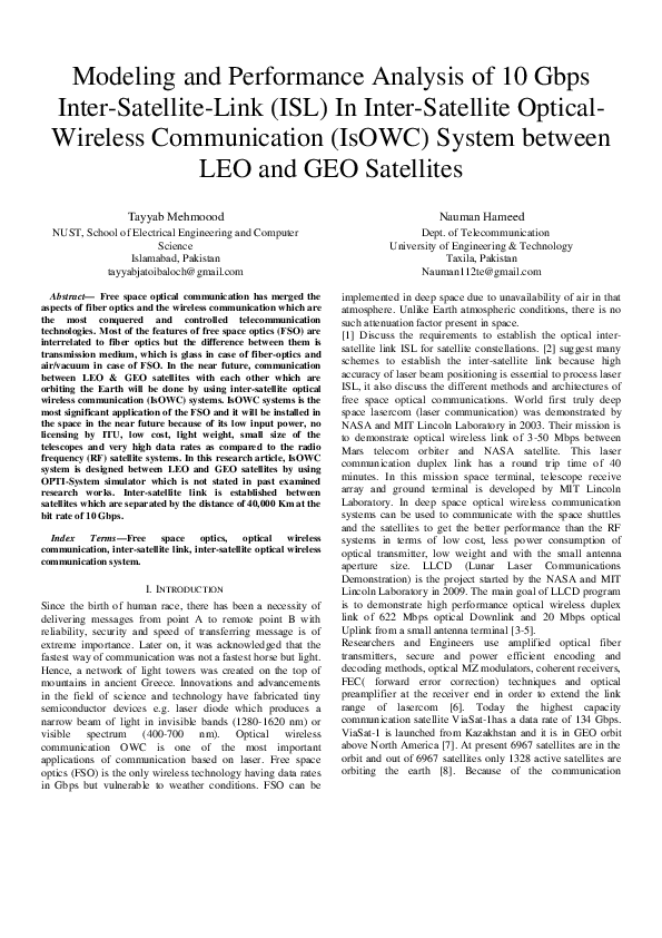 (PDF) Modeling and Performance Analysis of 10 Gbps Inter-satellite Optical Wireless ...