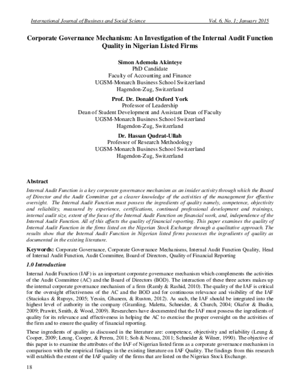 (PDF) Corporate Governance Mechanism: An Investigation of the Internal Audit Function Quality in ...
