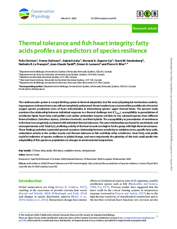 (PDF) Thermal tolerance and fish heart integrity: fatty acids profiles ...
