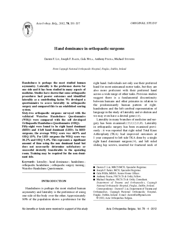 (PDF) Hand Dominance Impact on Orthopaedic Surgeons' Performance