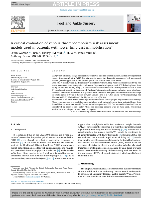 (PDF) A critical evaluation of venous thromboembolism risk assessment models used in patients ...